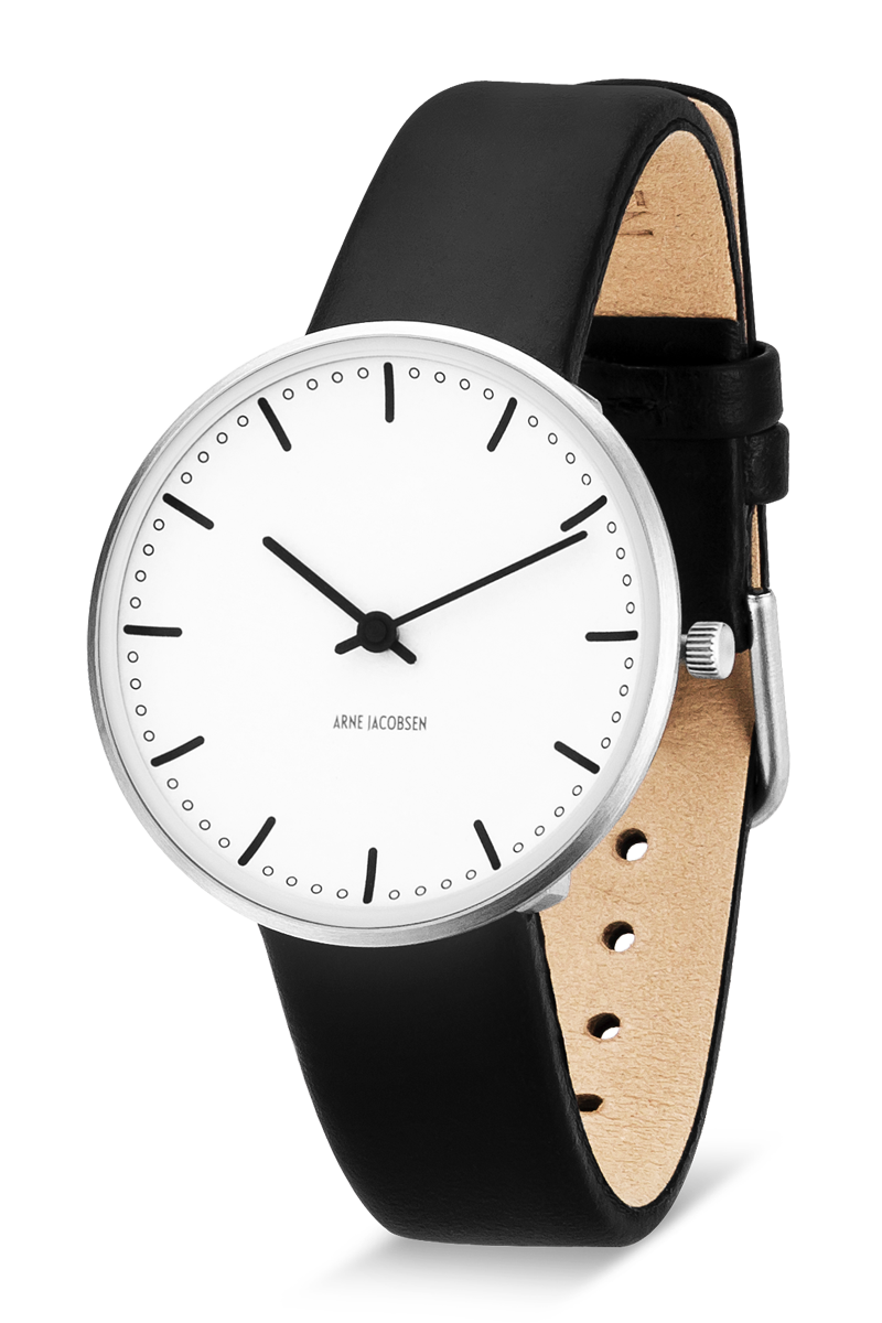 Arne Jacobsen - CITY HALL 34 mm stål ur med læderrem - Model: 53201-16 ...
